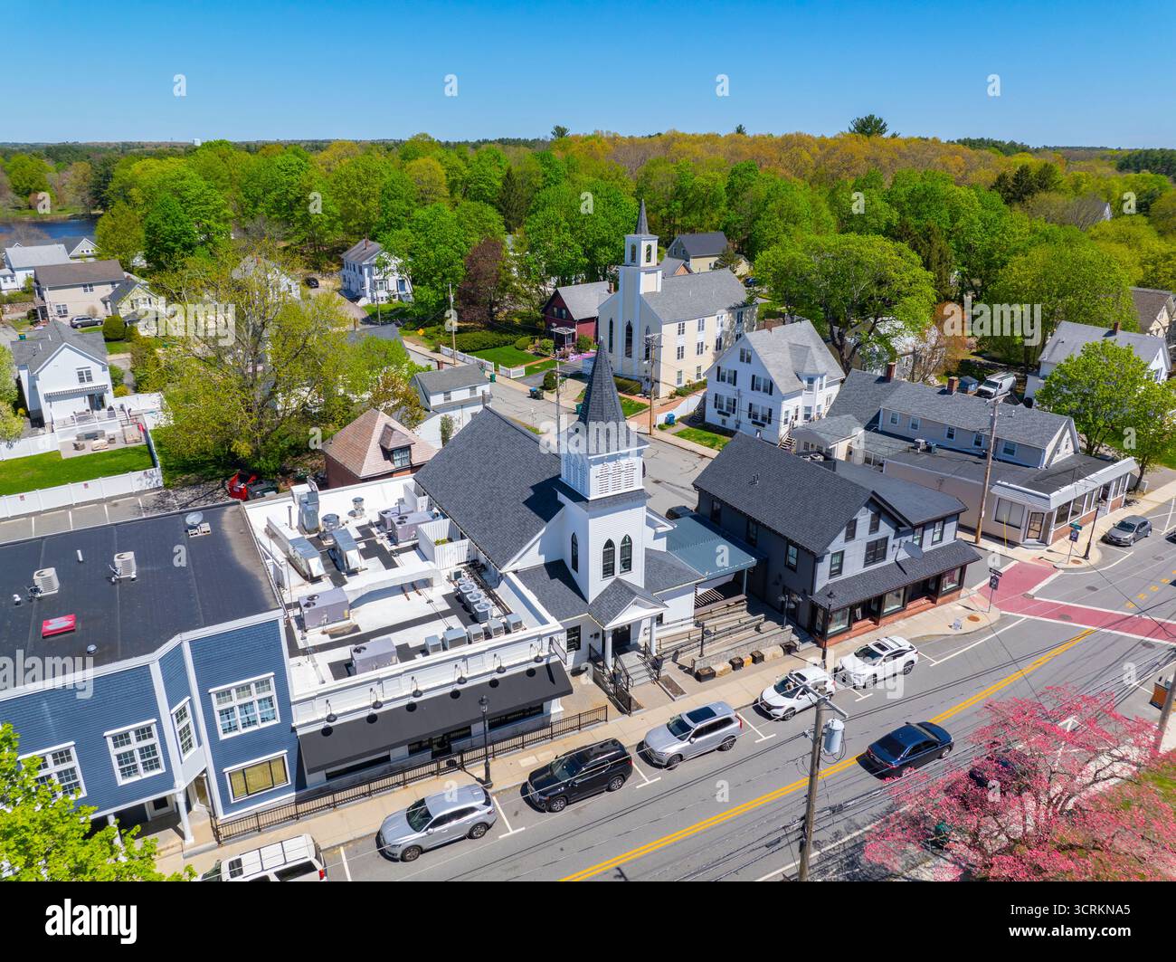 Historic commercial buildings aerial view on Main Street in village of ...