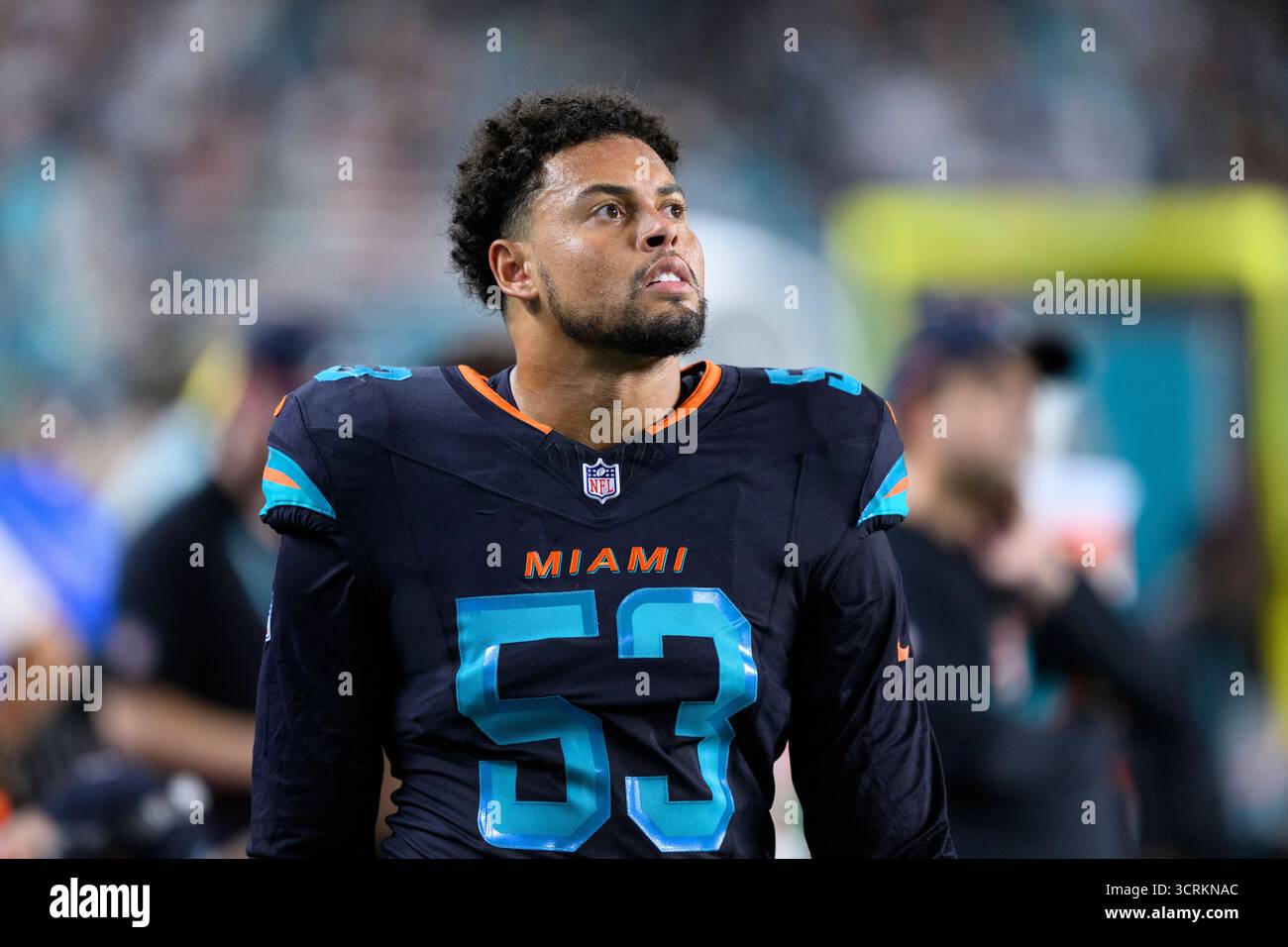 Miami Dolphins linebacker Cameron Goode (53) stands on the sidelines ...