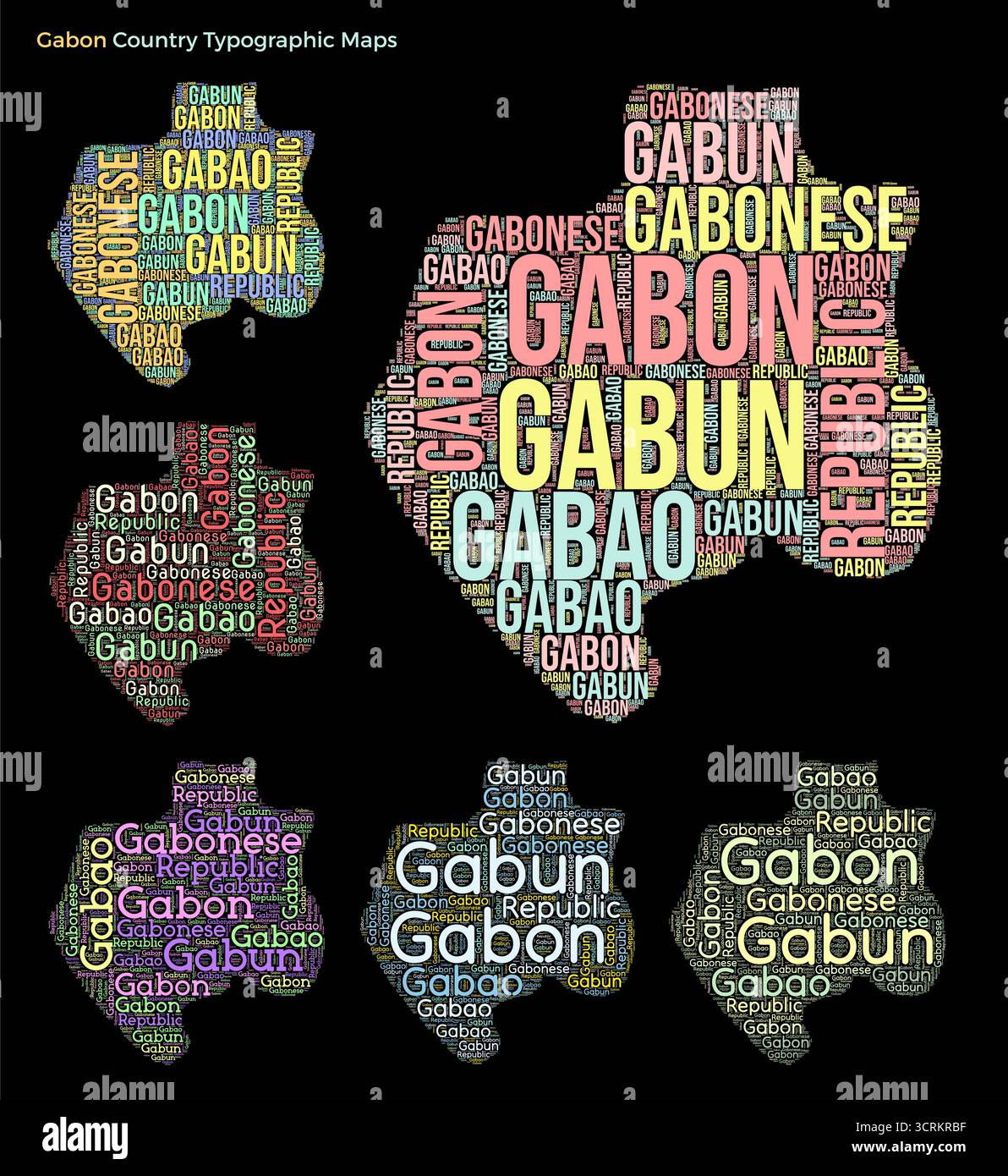 Gabon. Set of typography style country illustrations. Gabon map shape ...