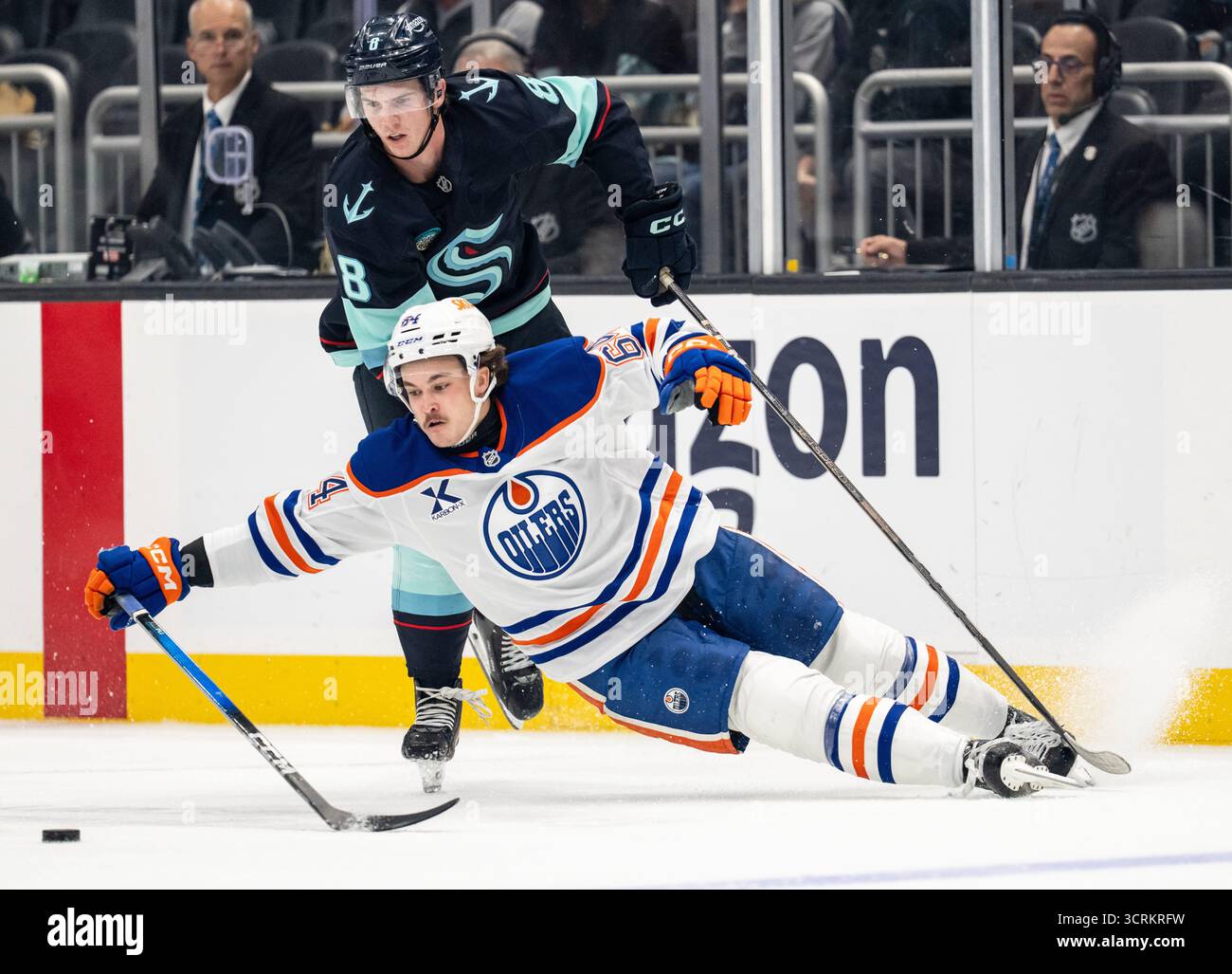 Edmonton Oilers forward Connor Clattenburg battles Seattle Kraken ...