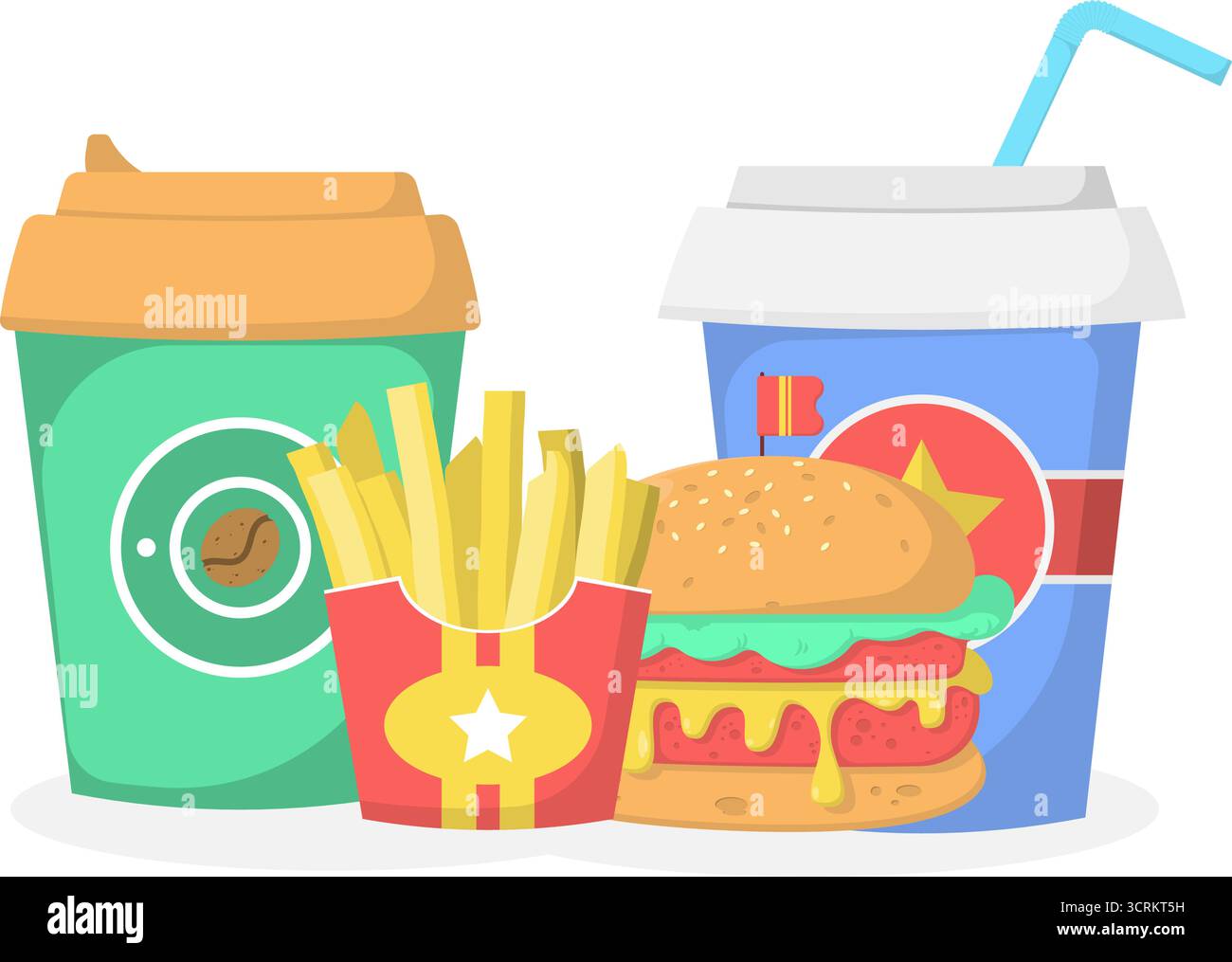 illustration of fast food packages, coffee cups and soda drinks ...