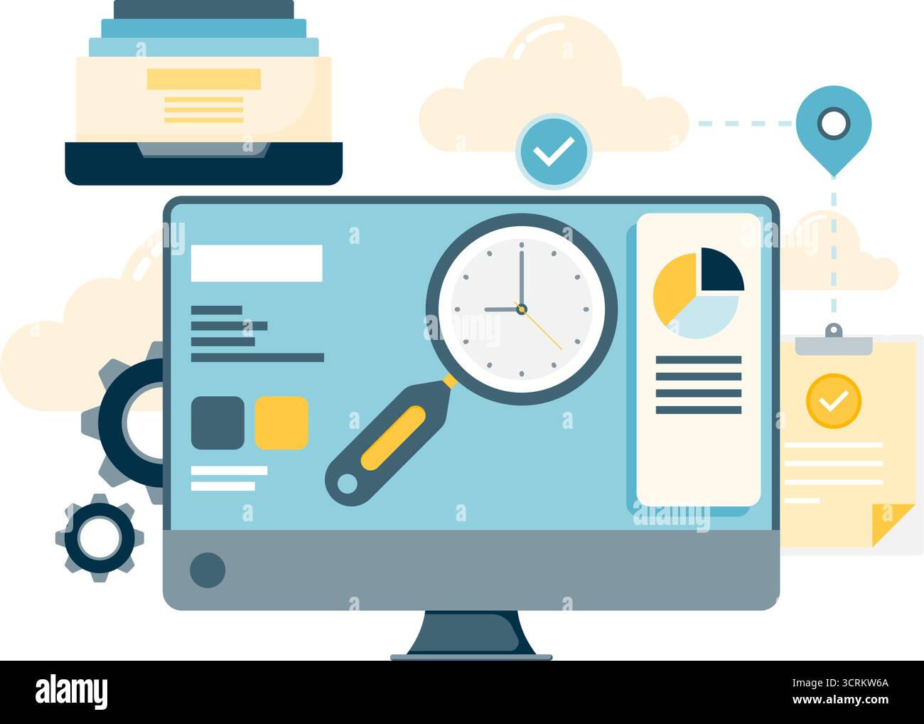 magnifying glass and wall clock on computer monitor, business ...