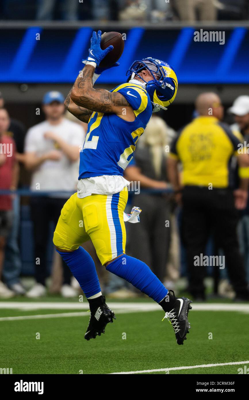 Los Angeles Rams running back Blake Corum (22) catches the ball before an NFL football game ...
