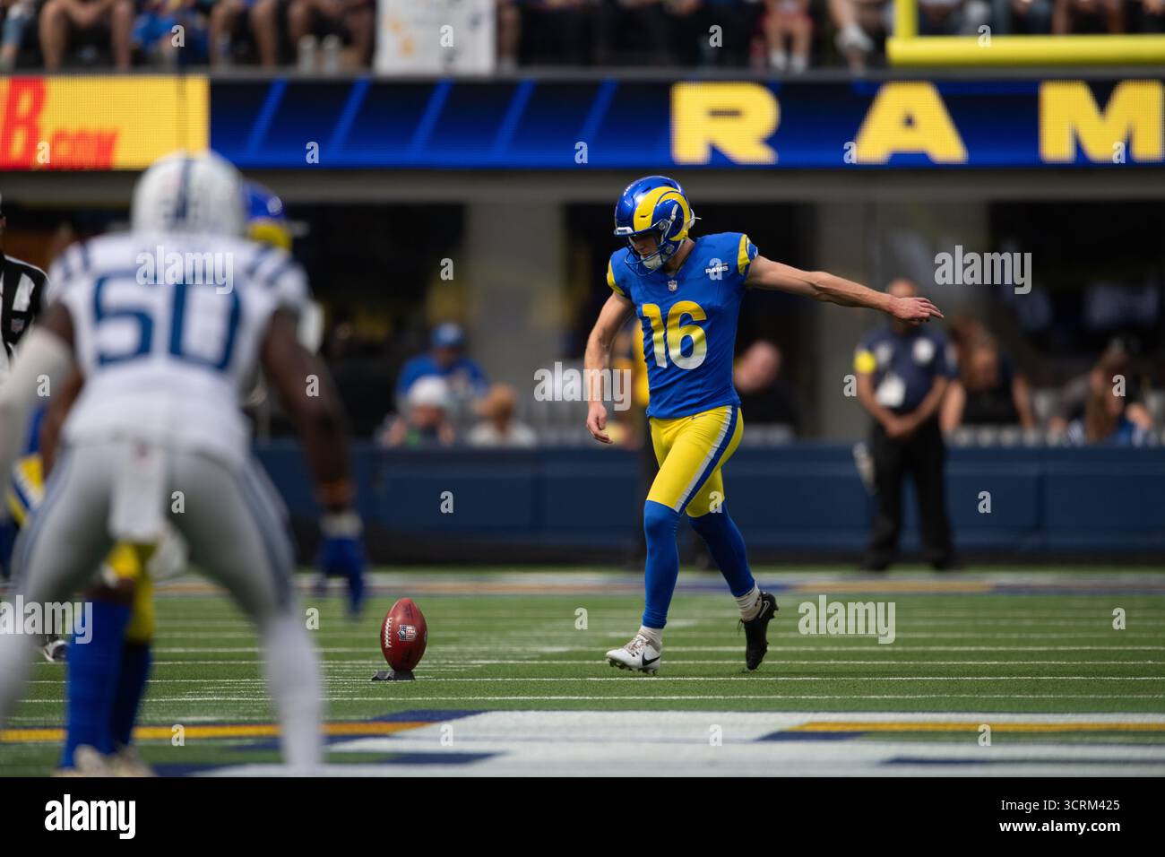 Los Angeles Rams kicker Joshua Karty (16) kicks the ball during an NFL football game against the ...
