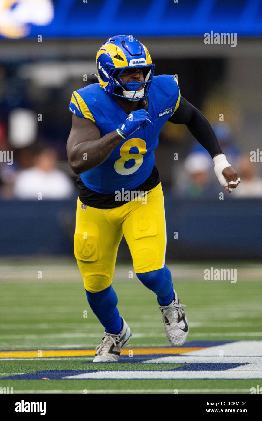 Los Angeles Rams linebacker Jared Verse (8) runs during an NFL football ...