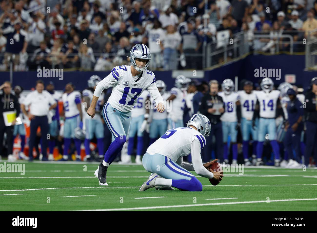 Dallas Cowboys kicker Brandon Aubrey (17) kicks an extra point during a ...