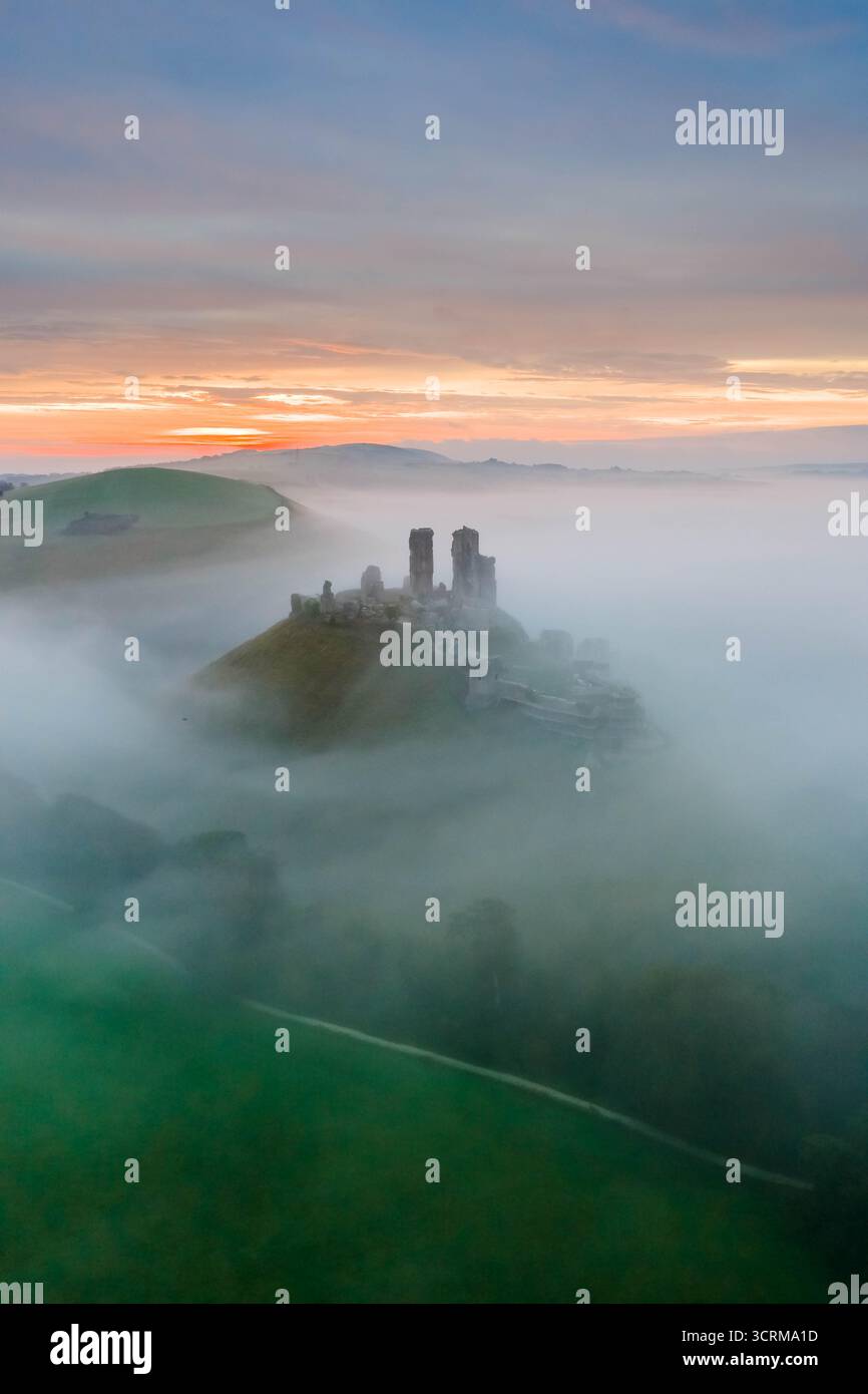 Corfe Castle, Dorset, UK. 2nd October 2025. UK Weather: Aerial view of ...