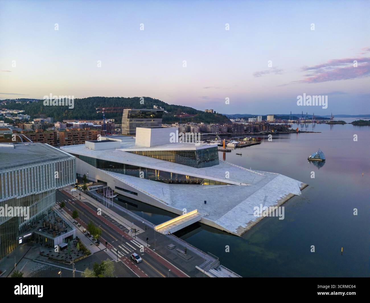 Aerial view of the Oslo Opera House's striking white marble roof ...