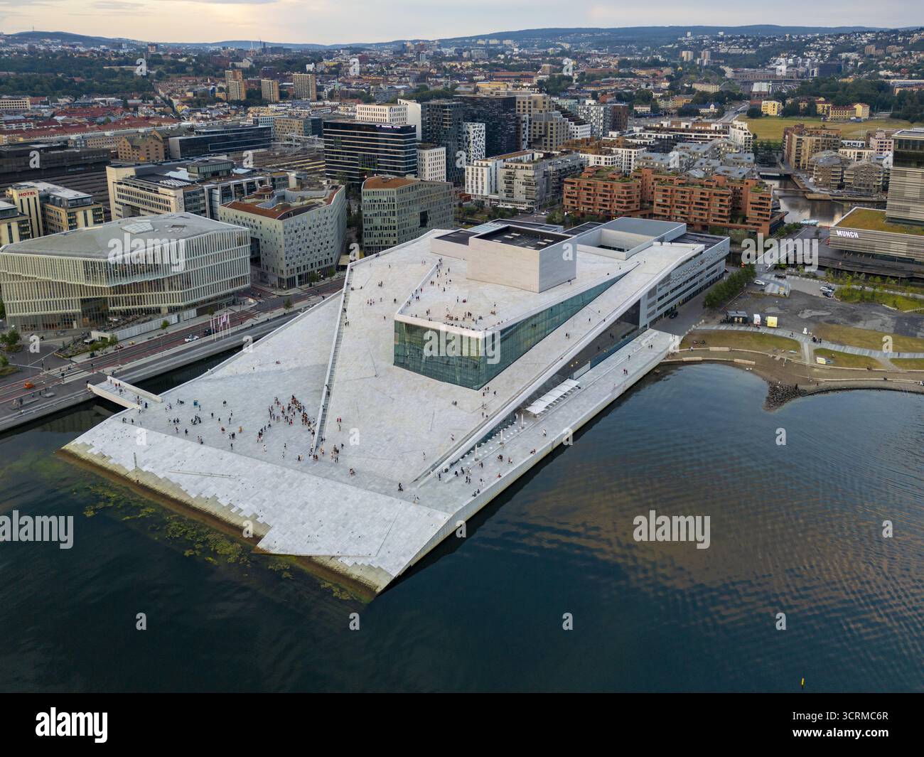 Aerial view of the Oslo Opera House's striking white marble facade ...