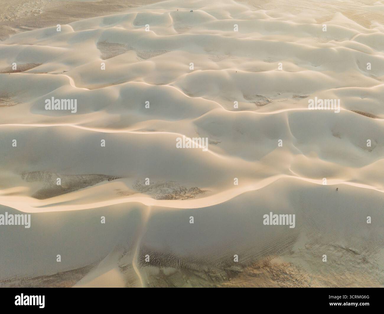 Aerial view of the undulating, sun-kissed sand dunes create a ...
