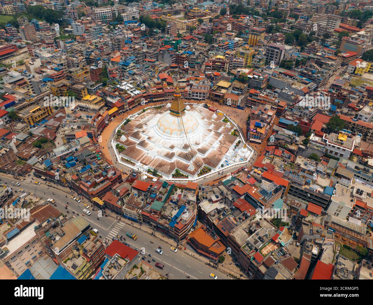 Aerial view of Boudhanath Stupa's white dome contrasts against the ...