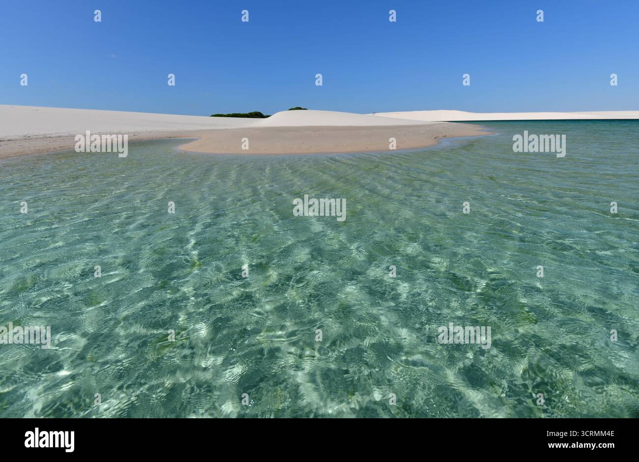 Landscape with turquoise Cristal clear water in a lagoon with dunes ...