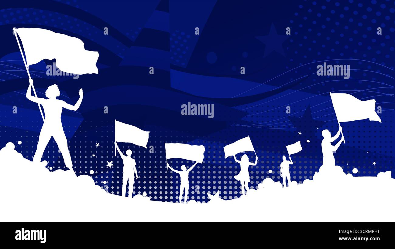 Cheering crowd silhouettes holding flags on navy blue background Stock ...