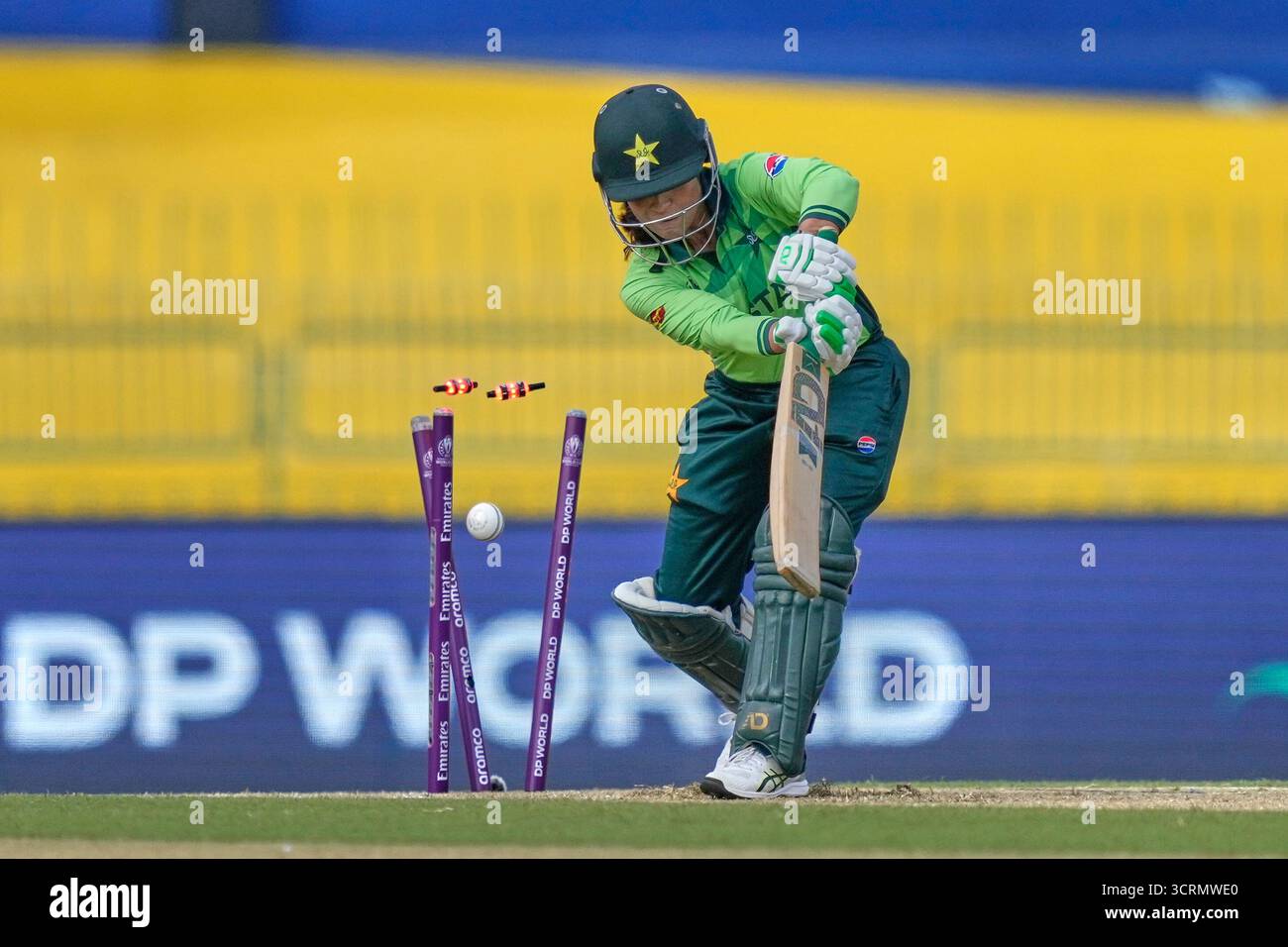 Pakistan's Sidra Amin is bowled by Bangladesh's Marufa Akter during the ICC Women's Cricket ...