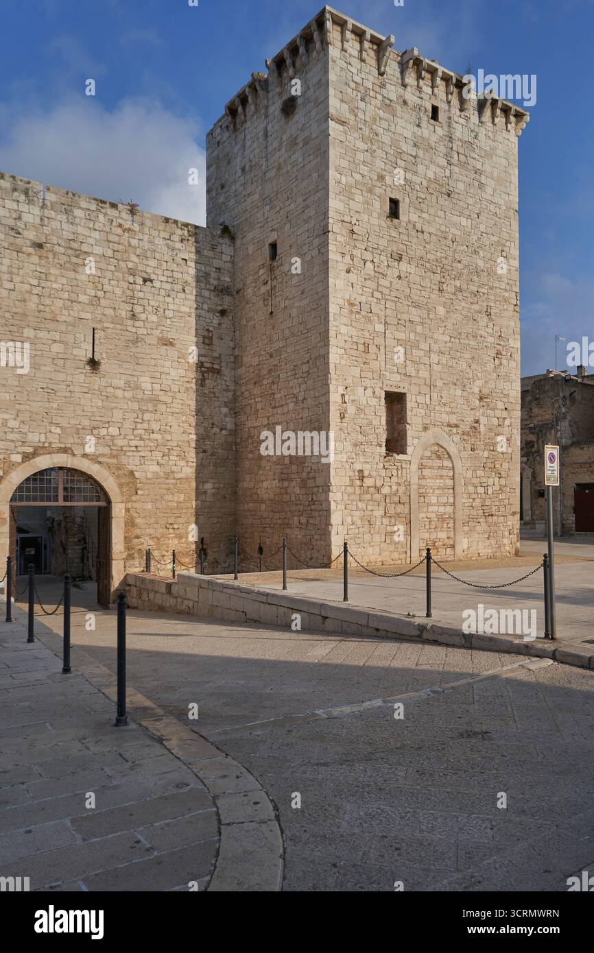 Ancient stone tower and fortress wall with arched gate, medieval ...