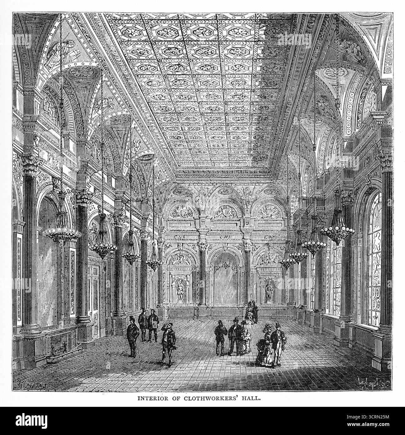 A 19th century engraving of the interior of the Clothworkers Hall ...