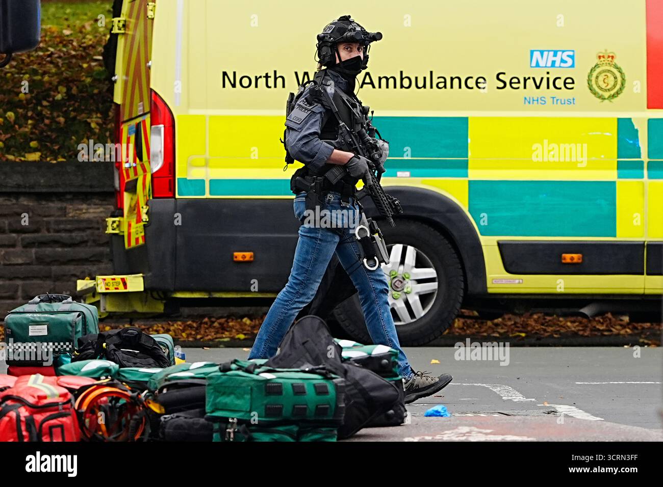An armed officer at the scene of an incident at Heaton Park Hebrew ...