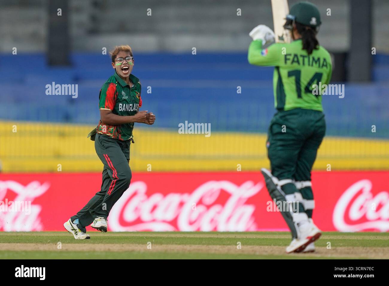 Bangladesh's Fahima Khatun celebrates the wicket of Pakistan's captain ...
