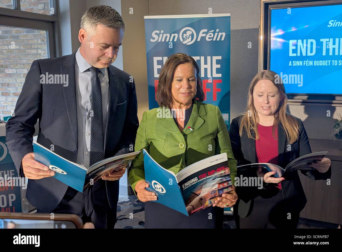 Sinn Fein leader Mary Lou McDonald (centre) with party TDs Pearse ...