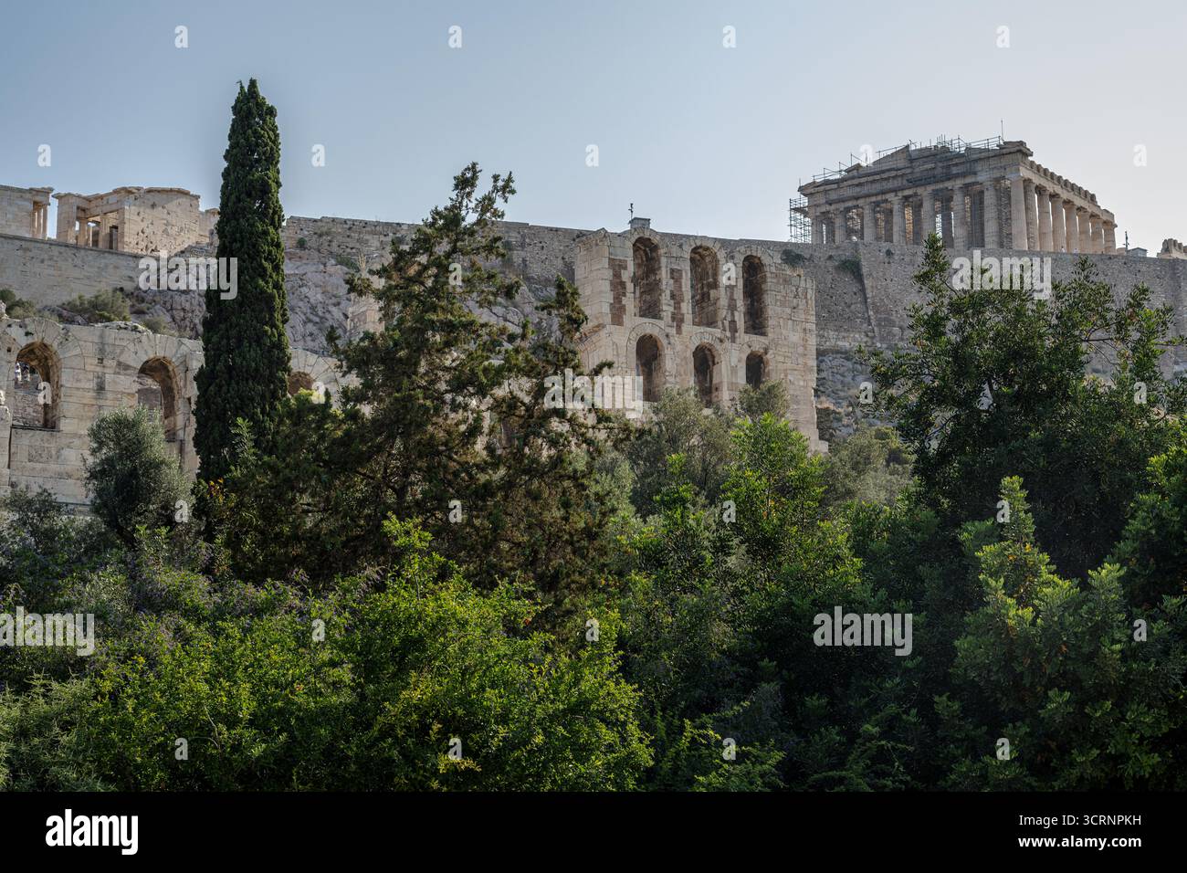 Rear face of The Odeon of Herodes Atticus with the Parthenon in the ...