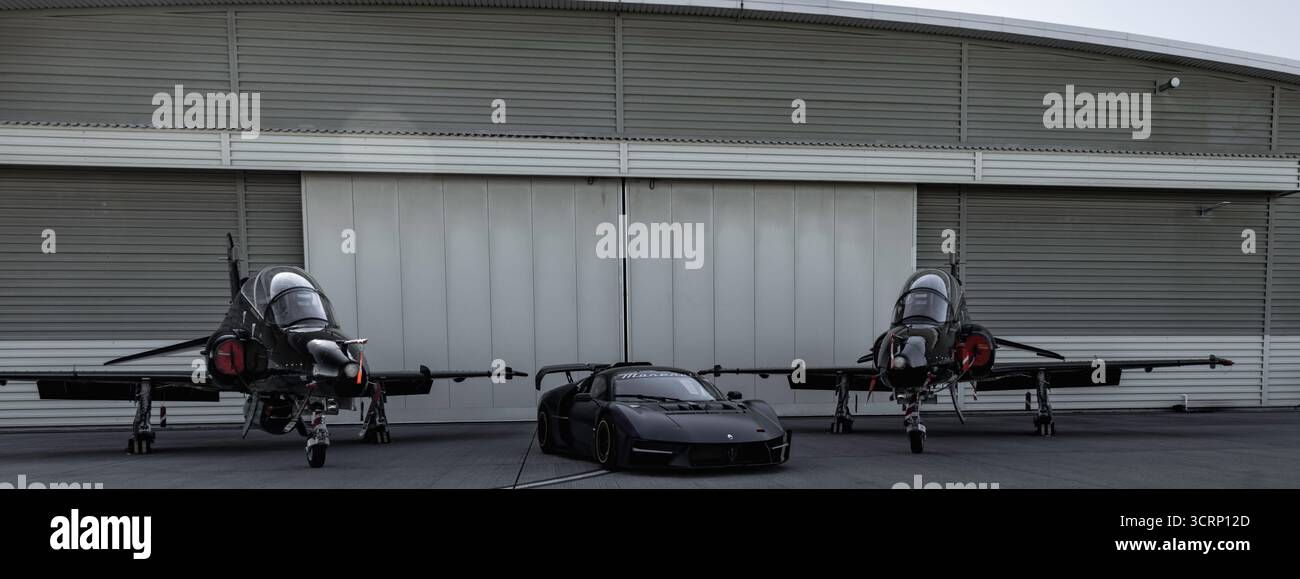 Maserati MCXtrema on Welsh RAF base with RAF Hawk jets in background ...