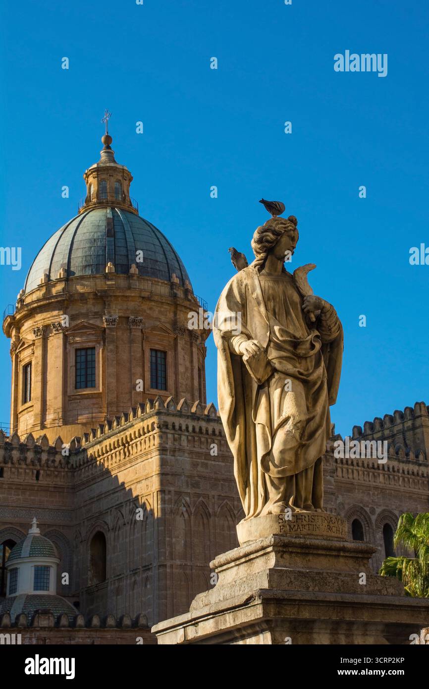 Saint Christina statue outside Palermo Cathedral in Sicily, Italy. She ...