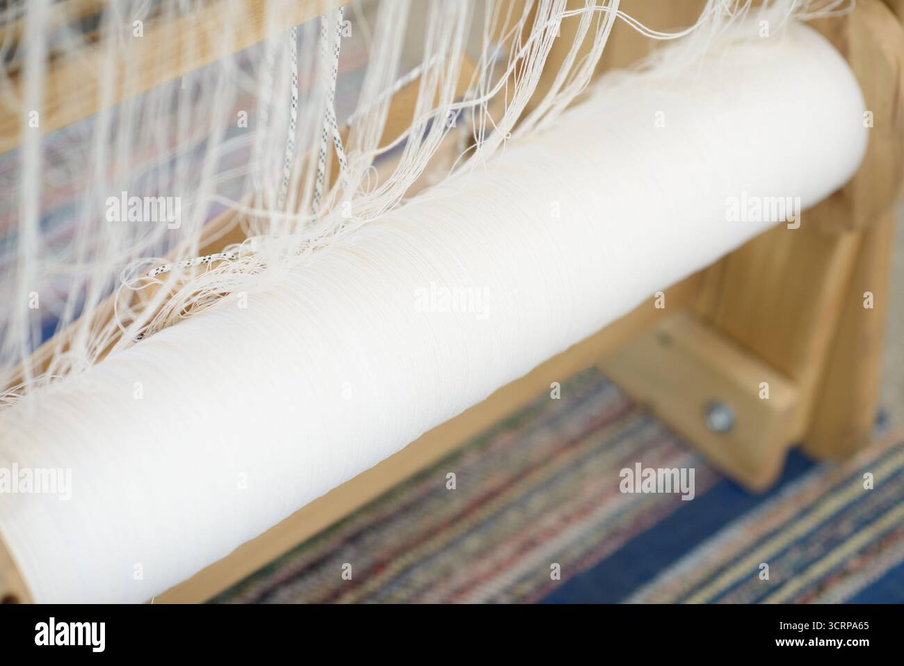 Warp threads stretched across a wooden loom show the precise setup ...
