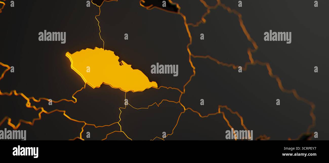 Golden Czechia 3d map surrounded with other countries in black with ...