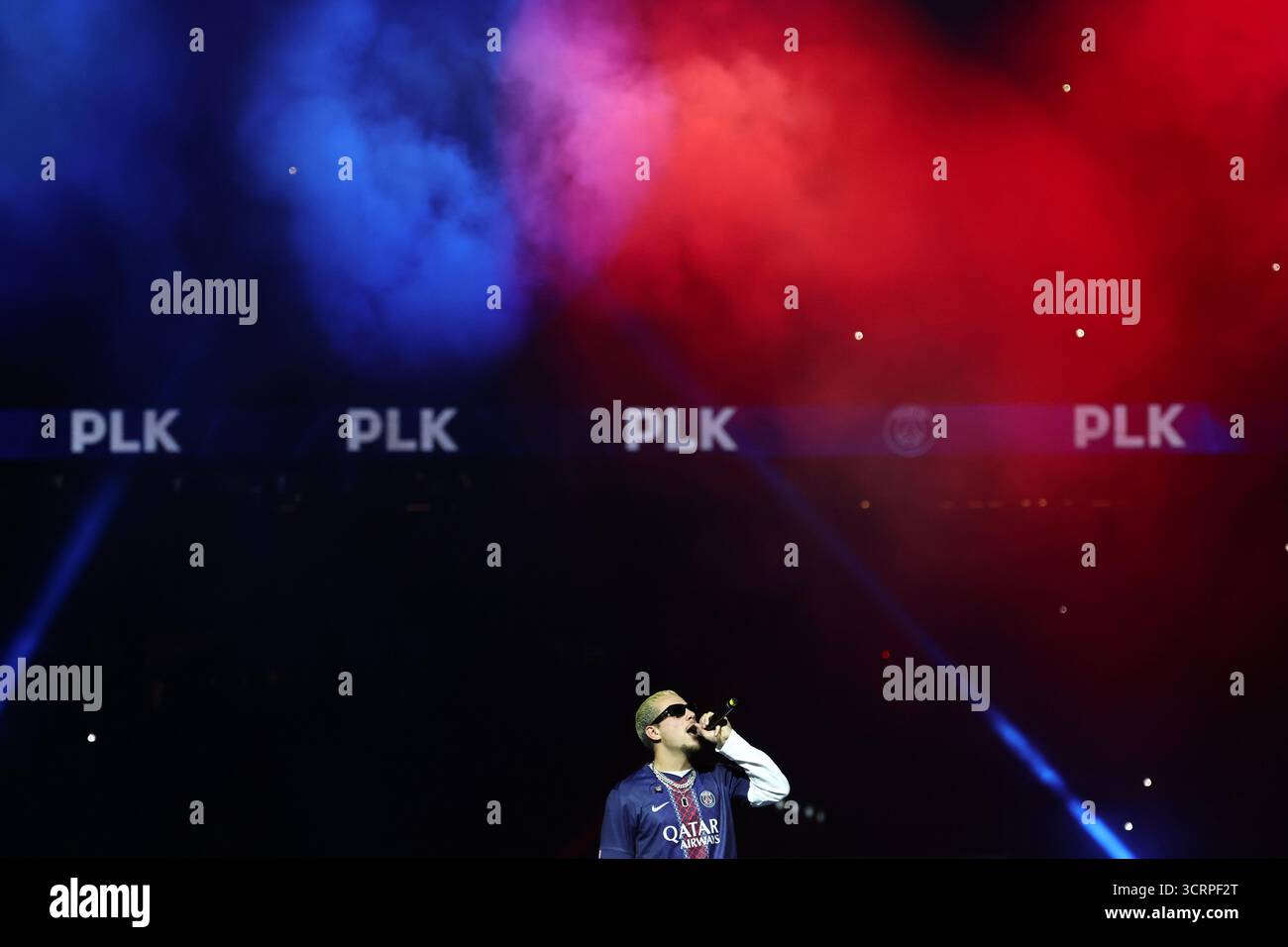 French rapper PLK performs after the French L1 football match between Paris Saint-Germain (PSG ...