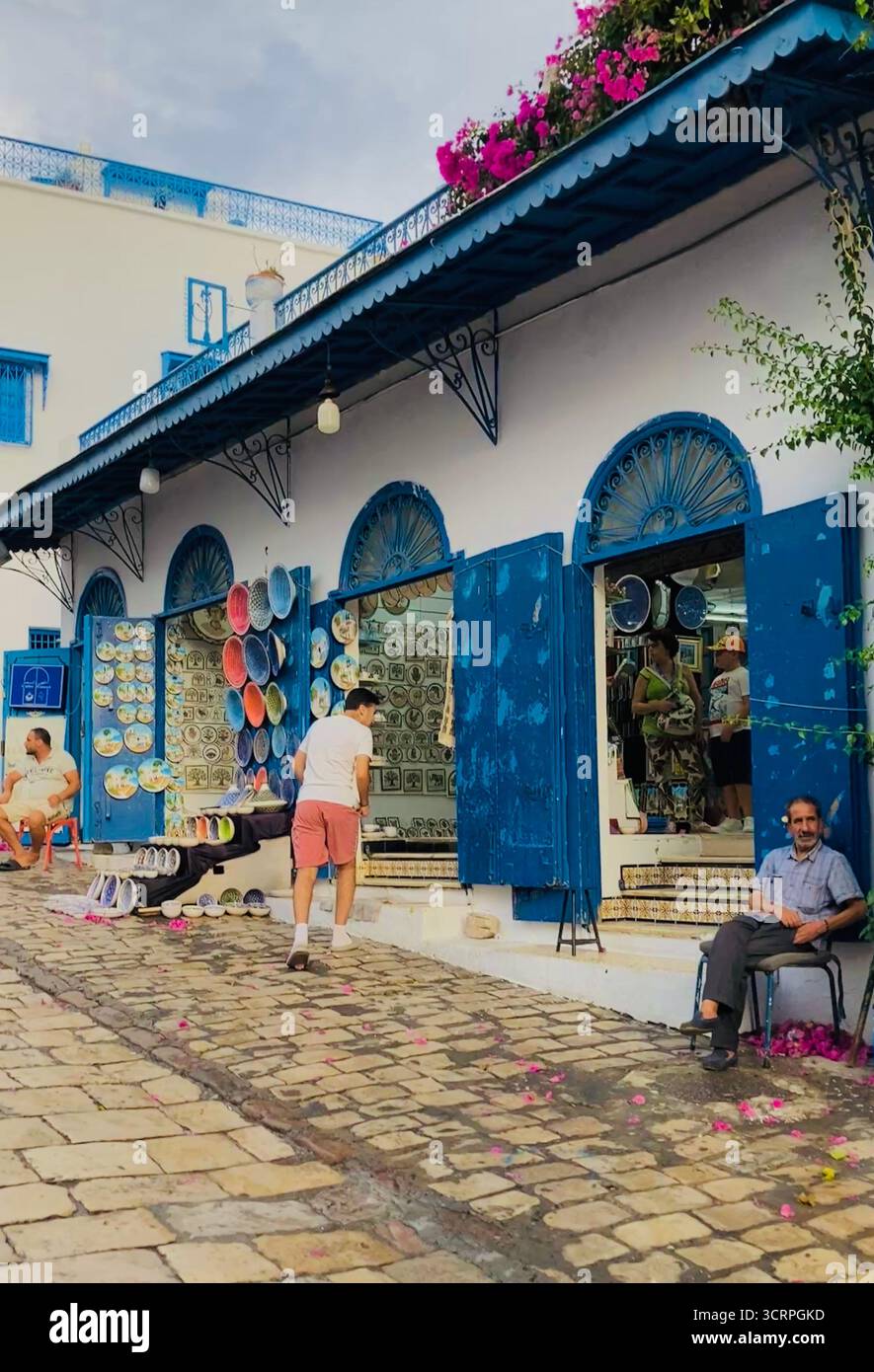 Blue-and-white street scene in Sidi Bou Said, Tunisia—ceramic wall art ...
