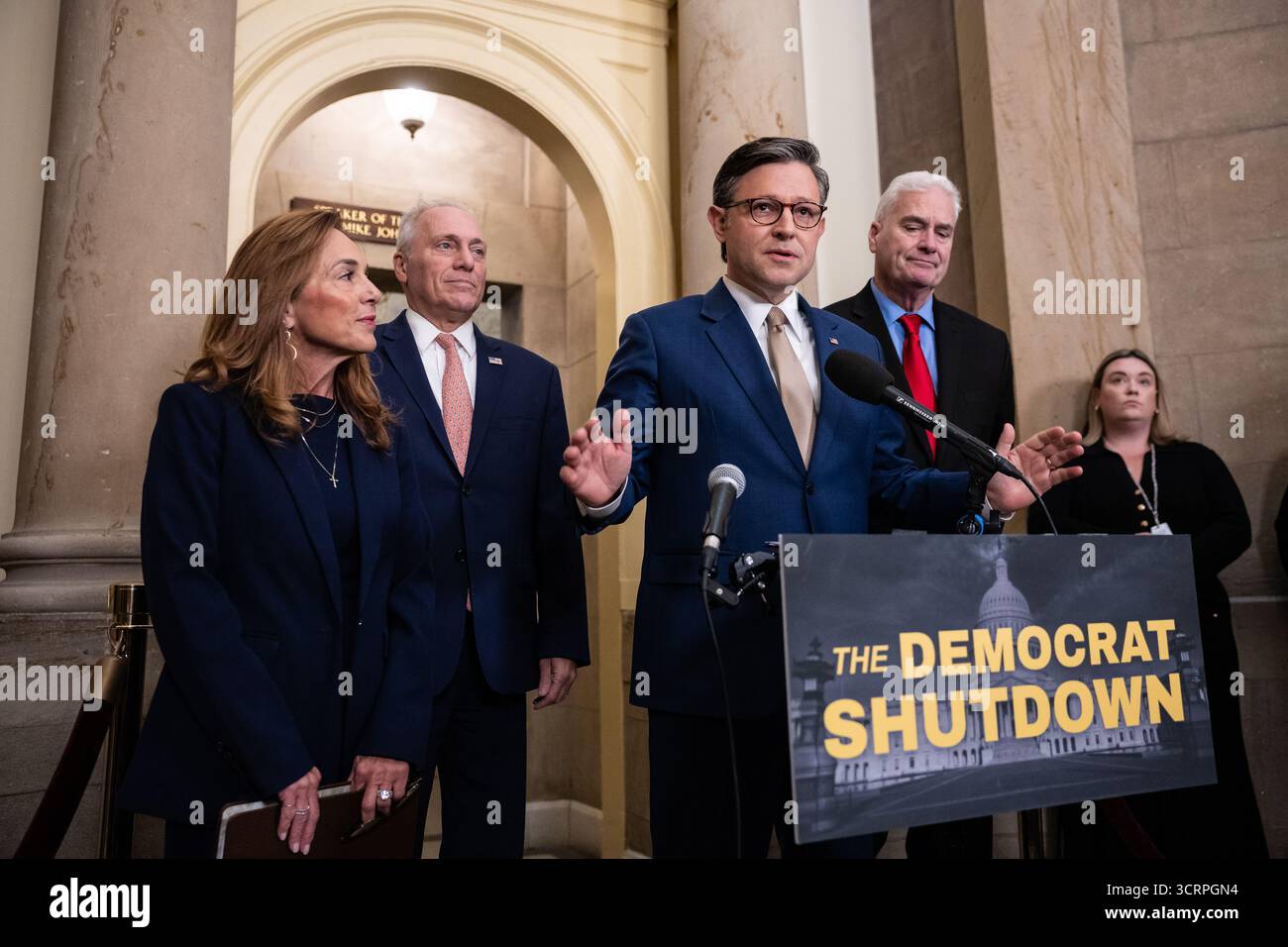 House Speaker Mike Johnson (R-La.) speaks alongside Reps. Lisa McClain ...