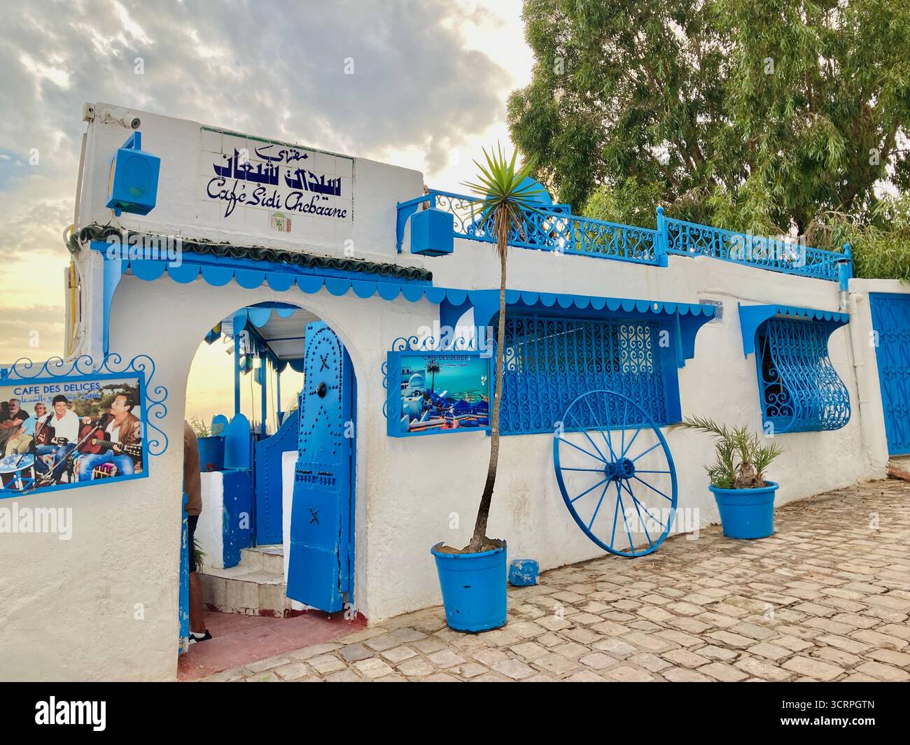 Scenic coastal view from Café des Délices in Sidi Bou Said, Tunis, blue ...