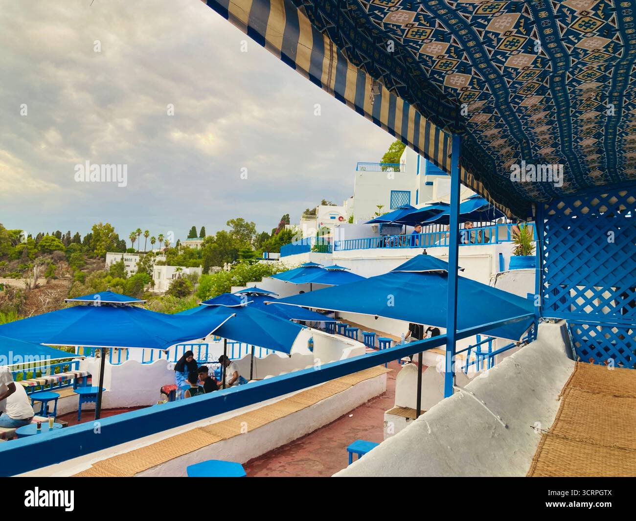 Scenic coastal view from Café des Délices in Sidi Bou Said, Tunis, blue ...