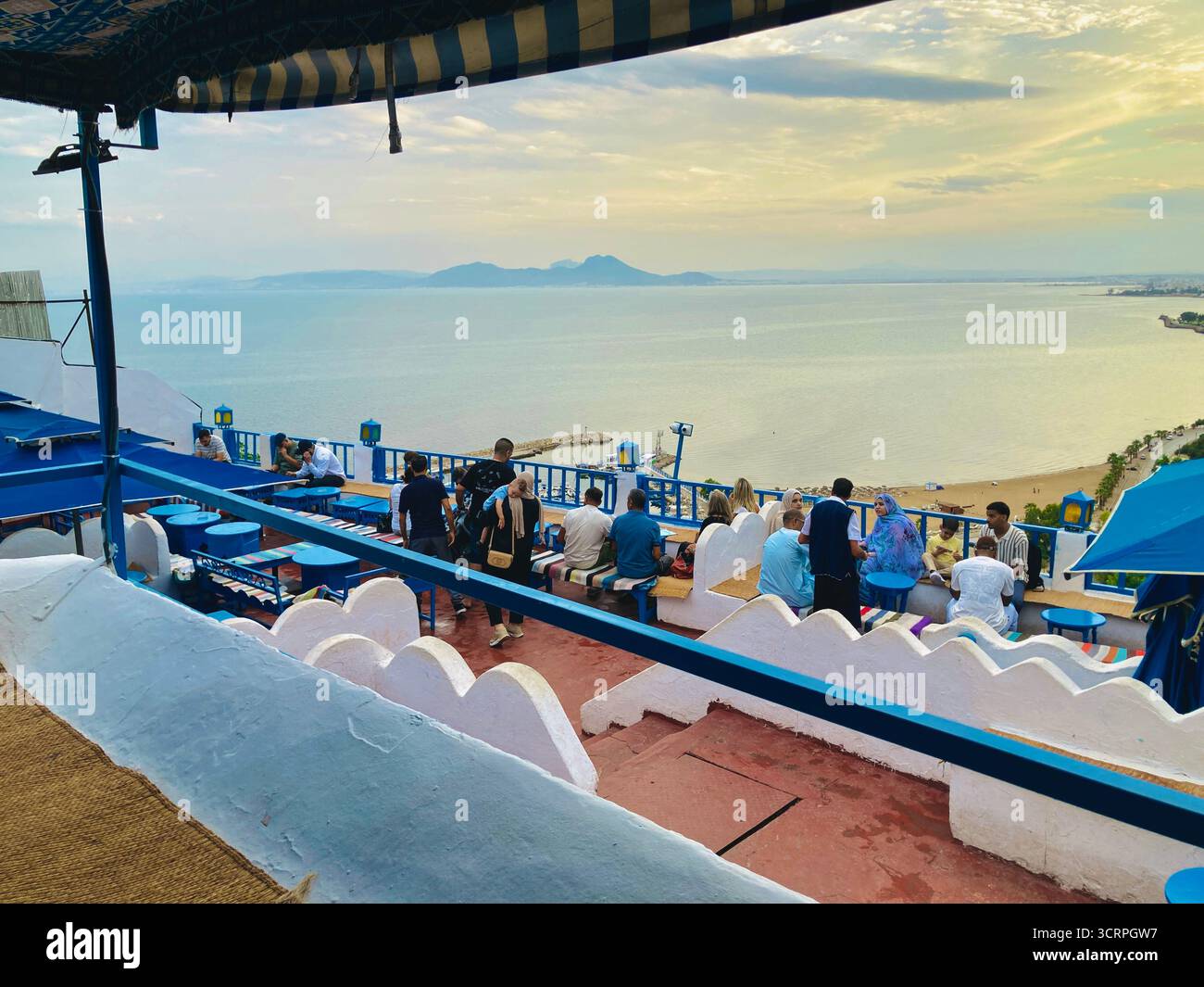 Scenic coastal view from Café des Délices in Sidi Bou Said, Tunis, blue ...