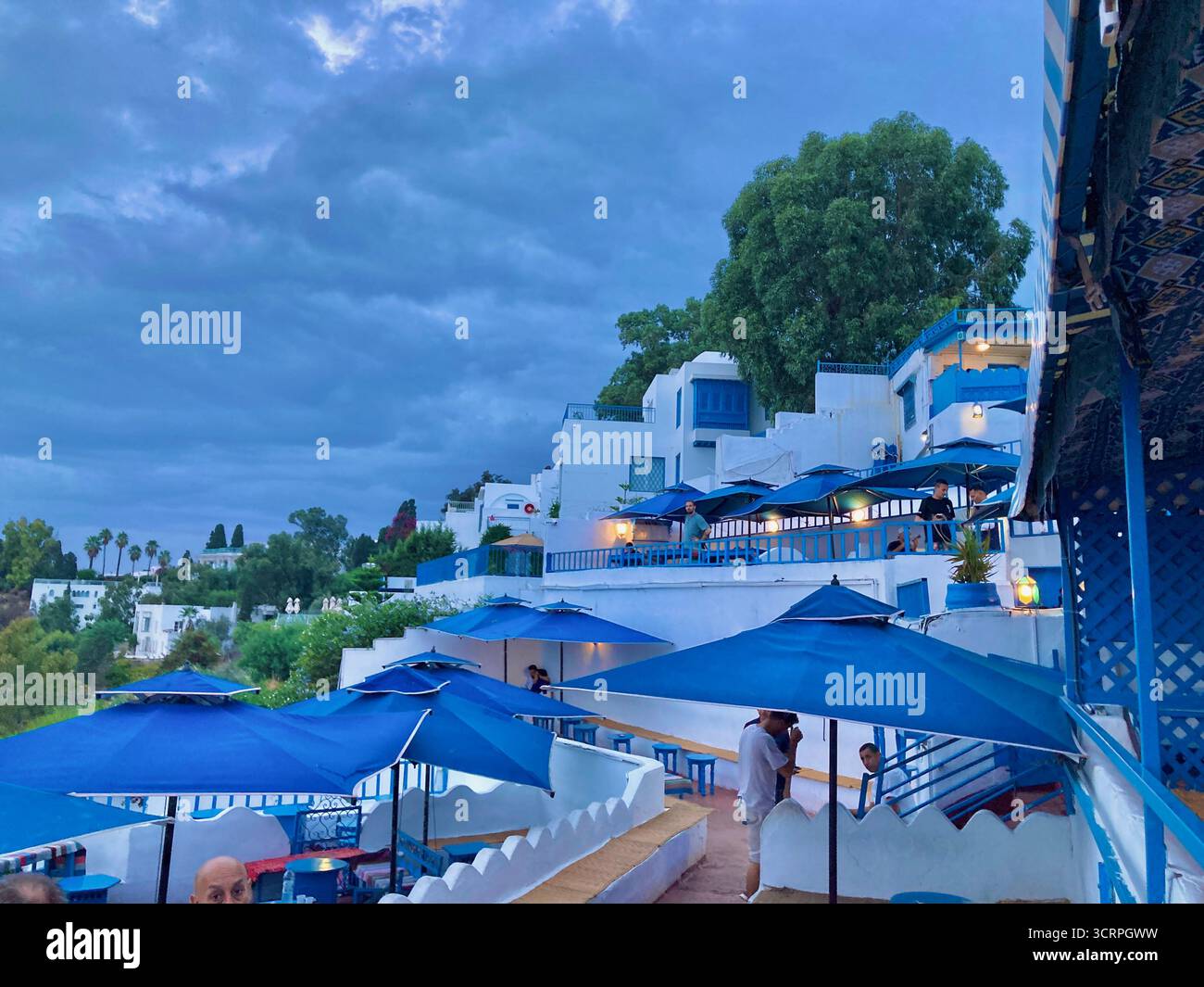 Scenic coastal view from Café des Délices in Sidi Bou Said, Tunis, blue ...