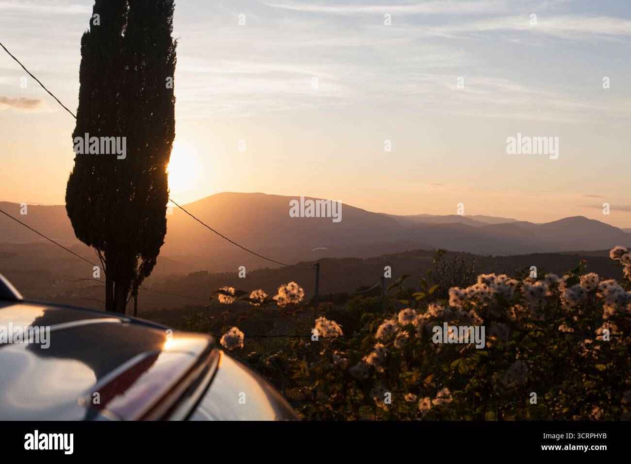 A car boot and bonnet revealing a view of hills, a tree and a sun set ...