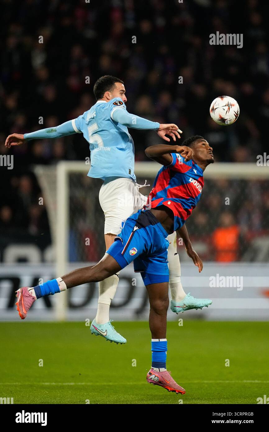 Plzen's Rafiu Durosinmi, right, and Malmo's Andrej Duric challenge for ...