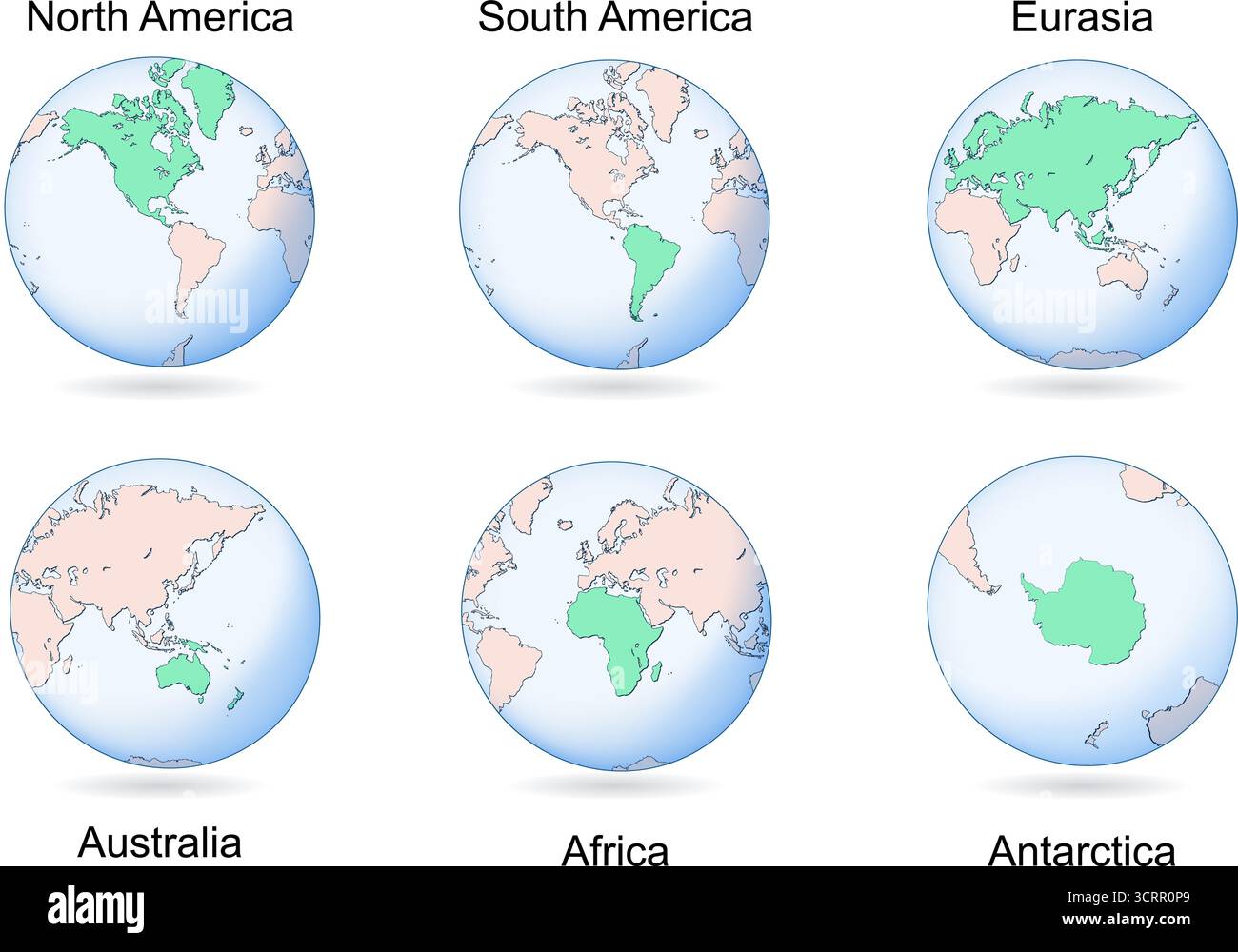 Continents. World map. Continents: Six globes depicting Africa, North ...