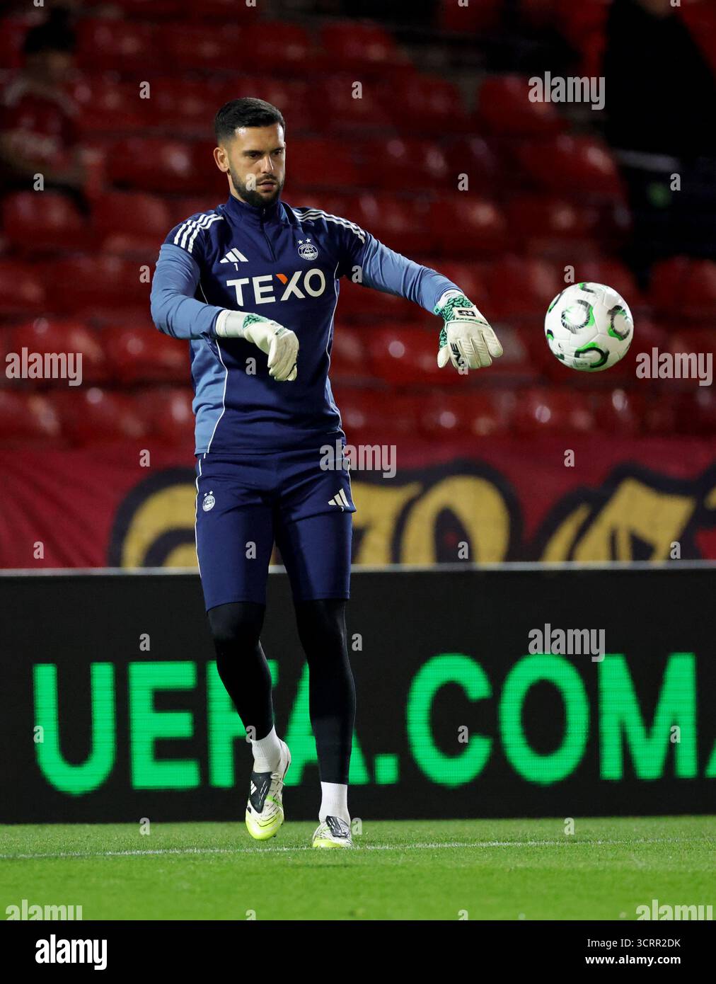 Aberdeen goalkeeper Dimitar Mitov warms up before the UEFA Conference ...