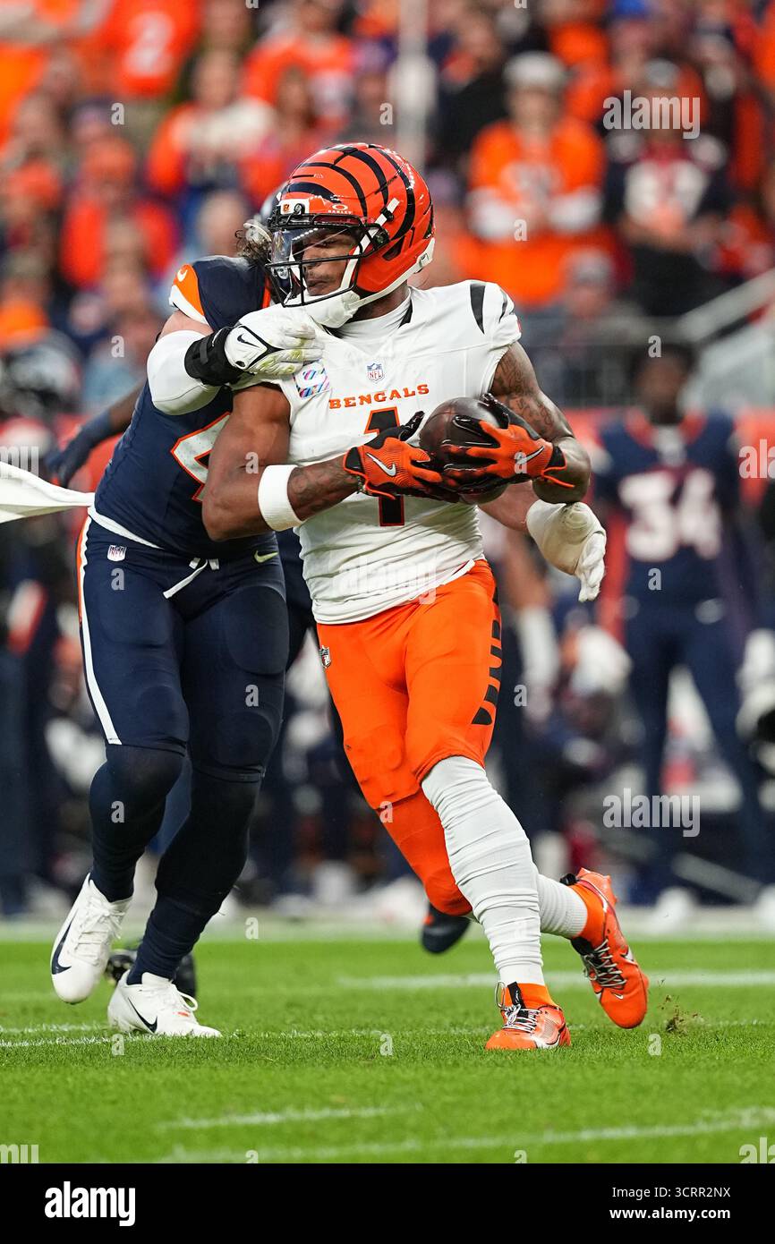 Cincinnati Bengals wide receiver Ja'Marr Chase (1) runs after the catch ...