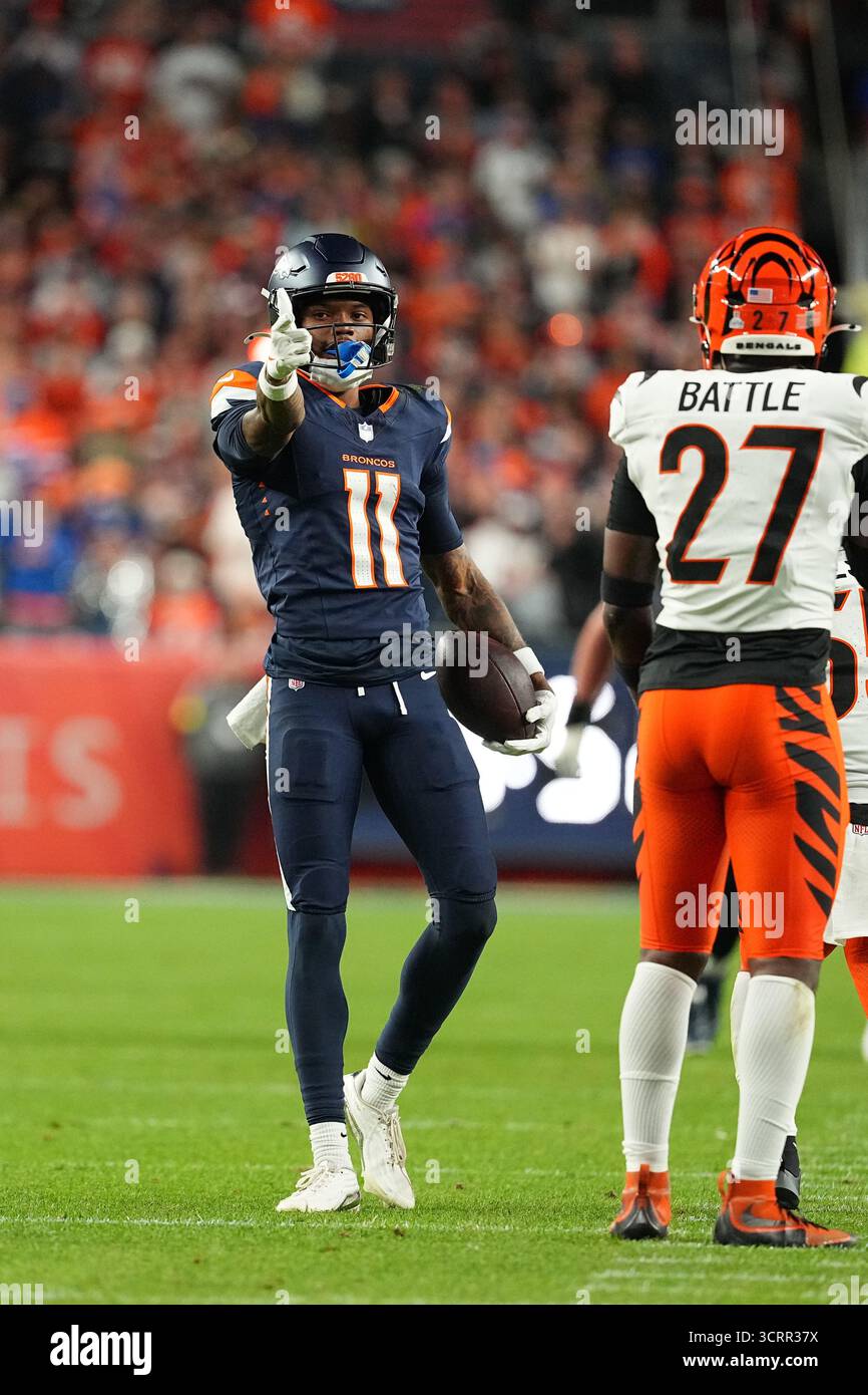 Denver Broncos wide receiver Troy Franklin (11) celebrates a play ...
