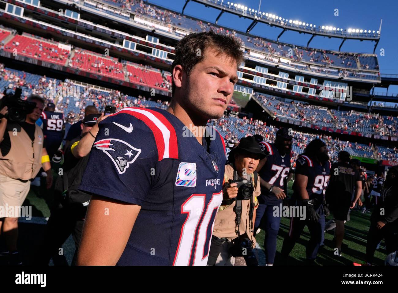 New England Patriots quarterback Drake Maye (10) during an NFL football ...