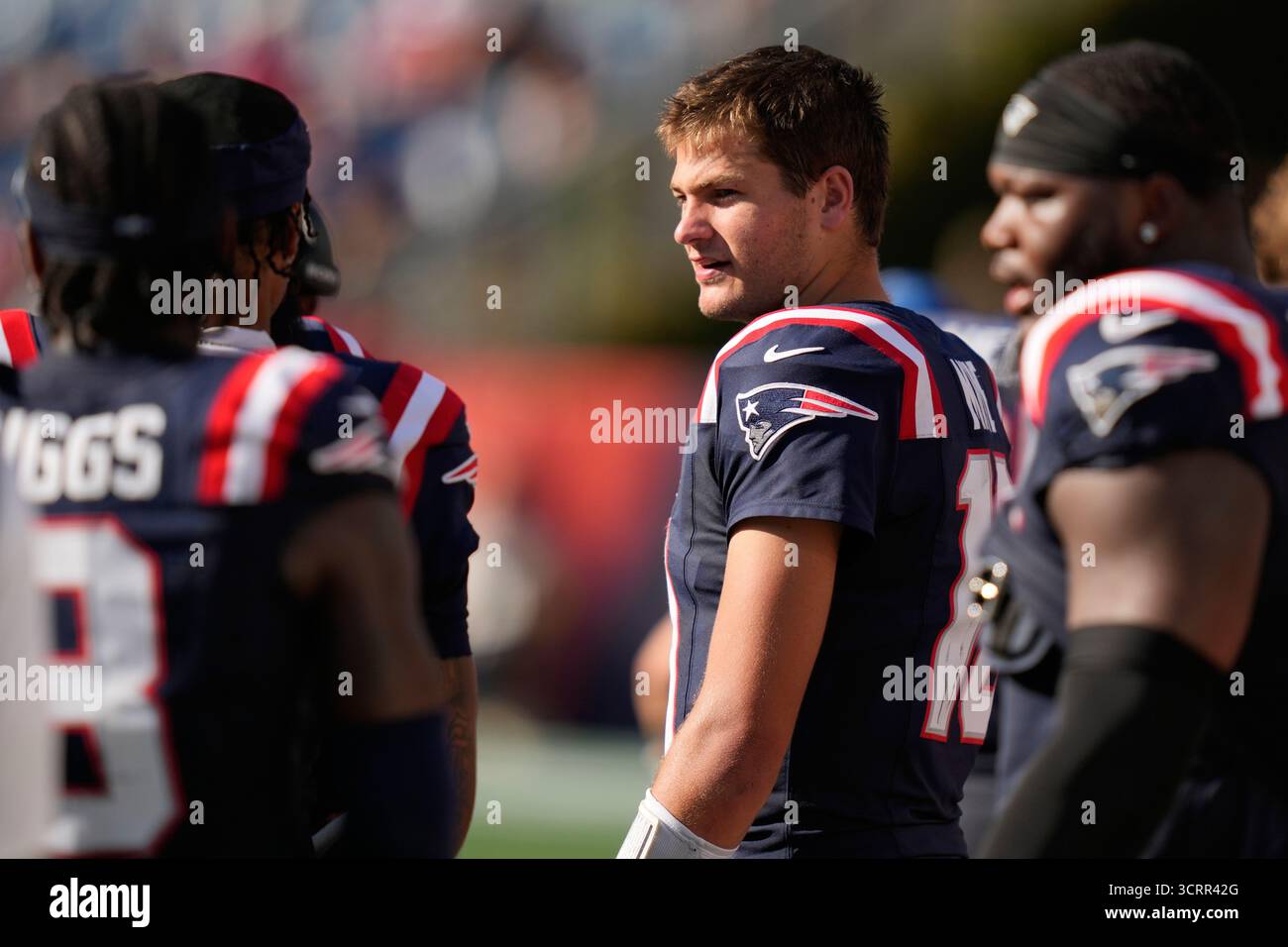 New England Patriots quarterback Drake Maye (10) during an NFL football ...