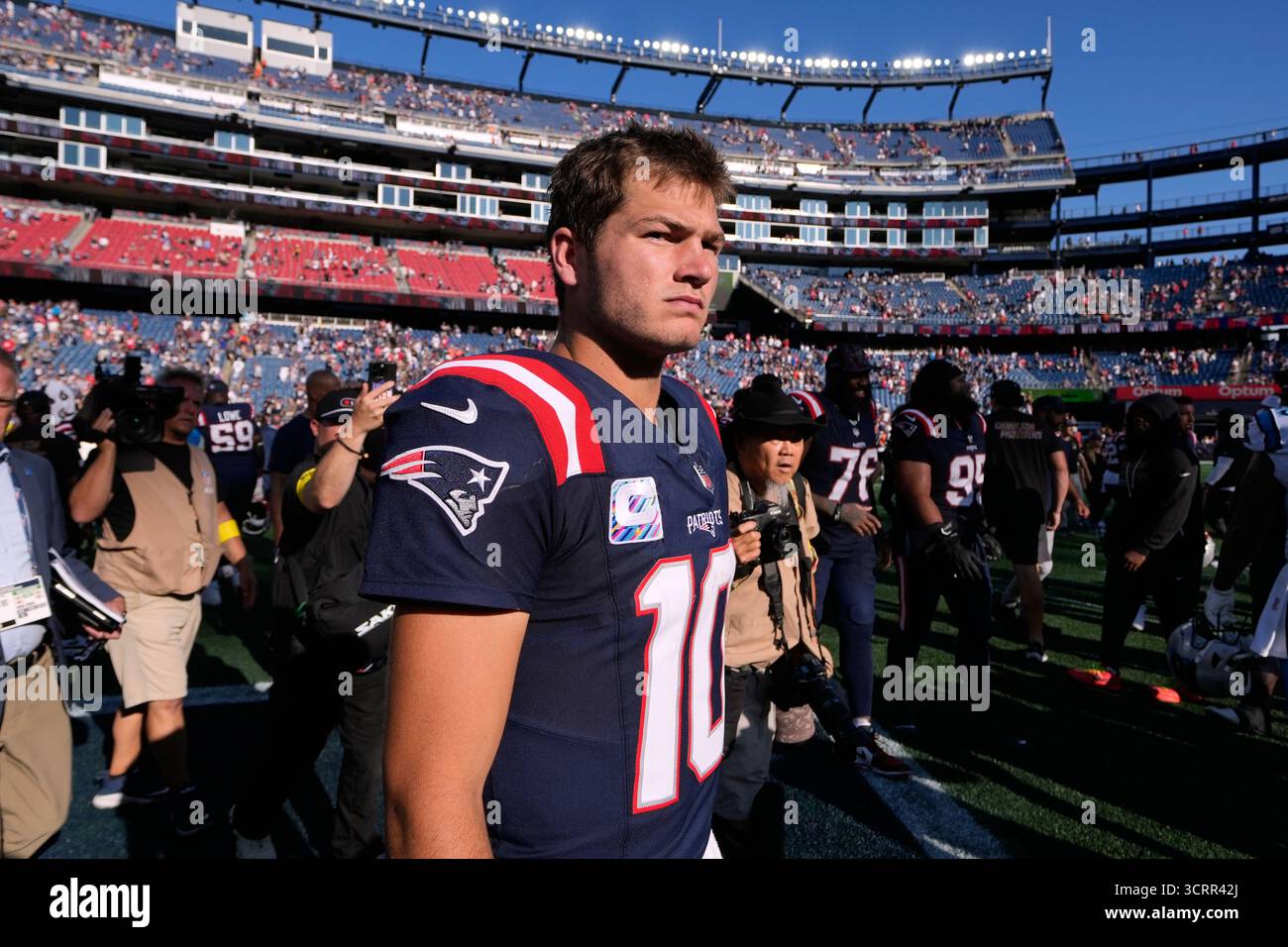 New England Patriots quarterback Drake Maye (10) during an NFL football ...