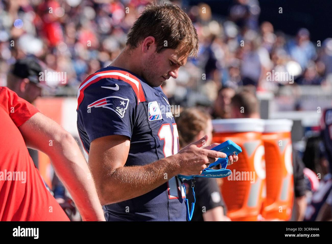 New England Patriots quarterback Drake Maye (10) during an NFL football ...