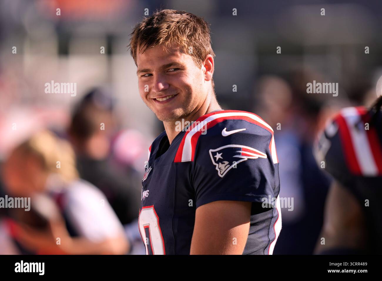 New England Patriots quarterback Drake Maye (10) during an NFL football ...