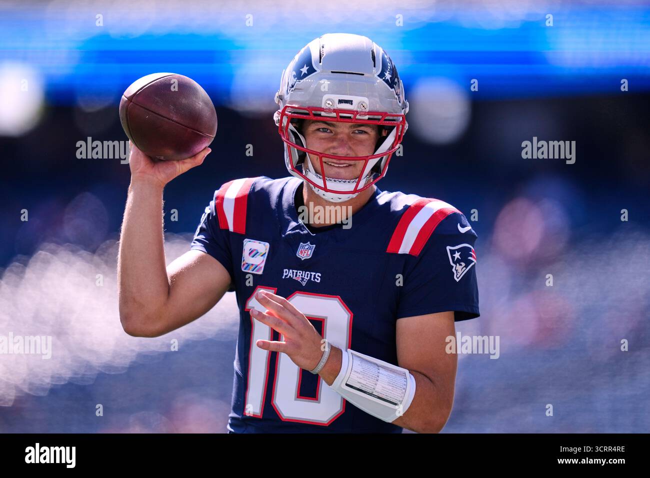 New England Patriots quarterback Drake Maye (10) prior an NFL football ...