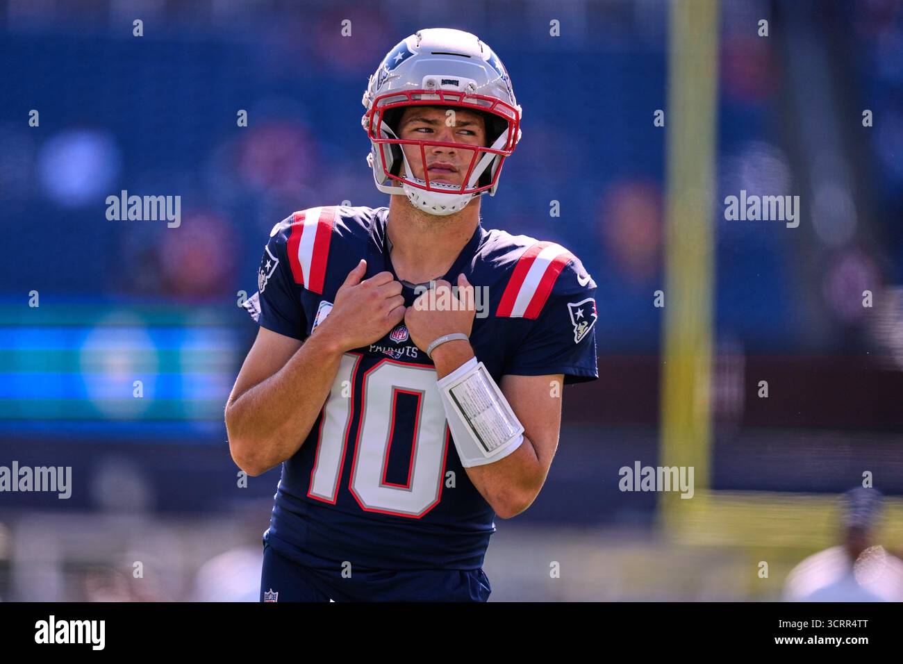 New England Patriots quarterback Drake Maye (10) prior an NFL football ...