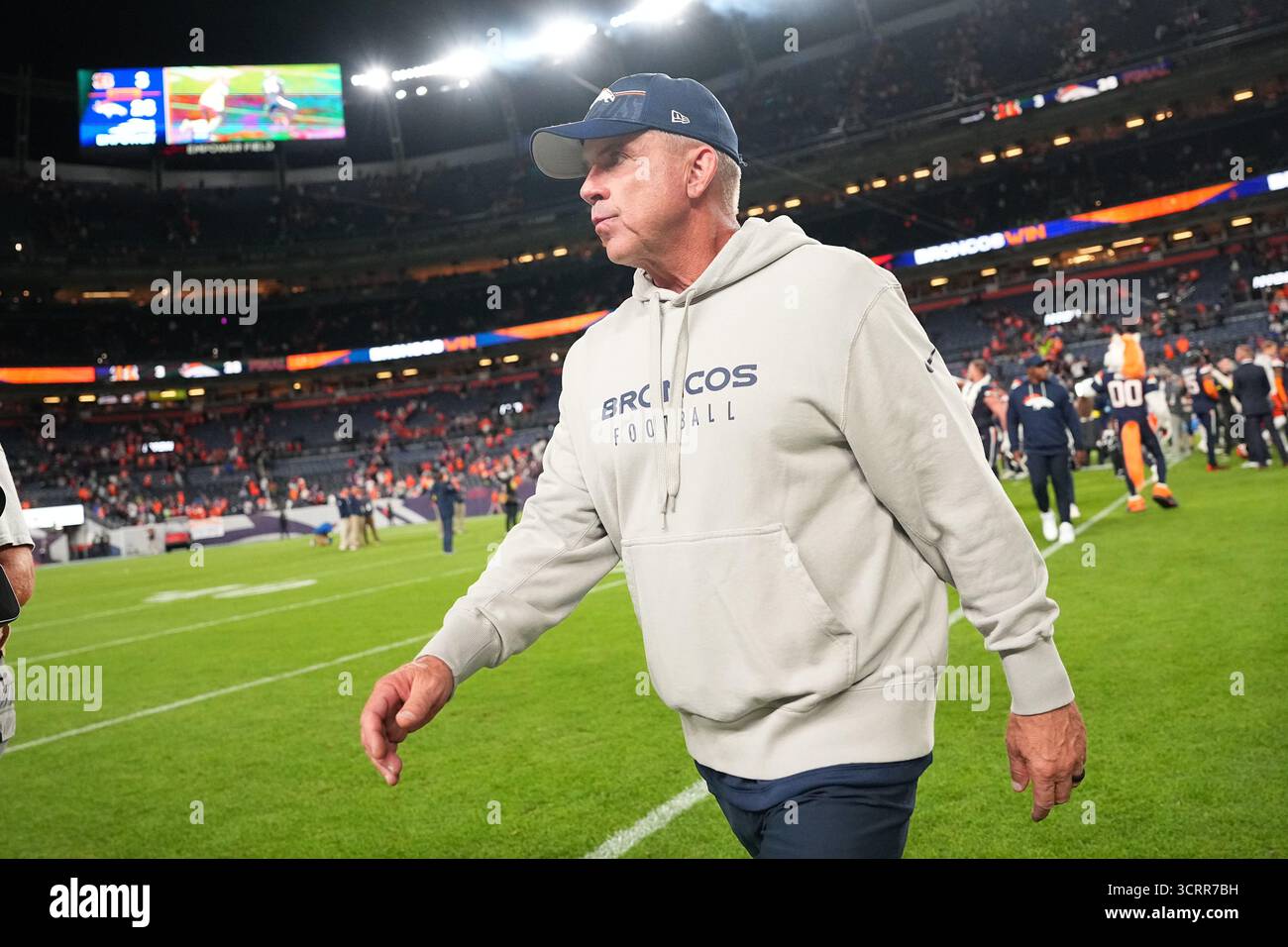 Denver Broncos head coach Sean Payton walks off the field post game ...