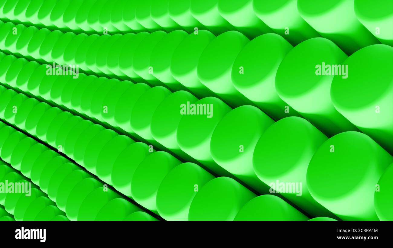 Rows of shiny green circular objects are tightly arranged in a grid ...